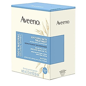 Aveeno Soothing Bath Treatment with 100% Natural Colloidal Oatmeal for Treatment & Relief of Dry, Itchy, Irritated Skin Due to Poison Ivy, Eczema, Sunburn, Rash, Insect Bites & Hives, 8 ct.