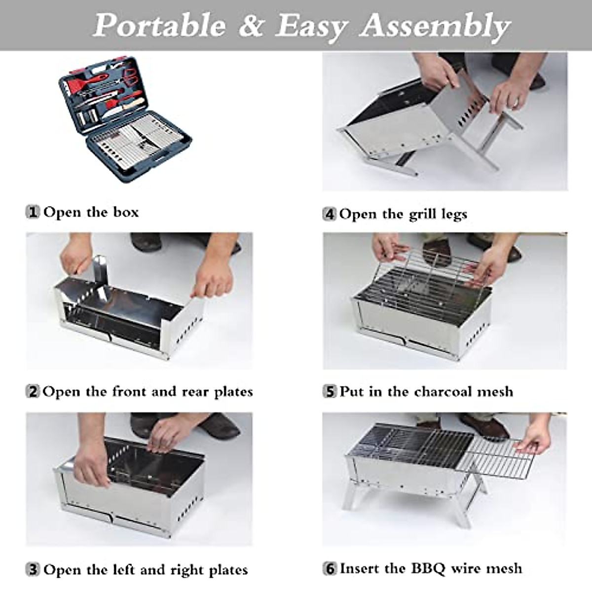 KINGBO Portable Charcoal BBQ Grill, Small Grill with Tools Set, 13.8" × 9.5" × 9.8" Foldable Mini Stainless Steel Grill for Outdoor Camping Picnic Beach Hiking Patio Backyard