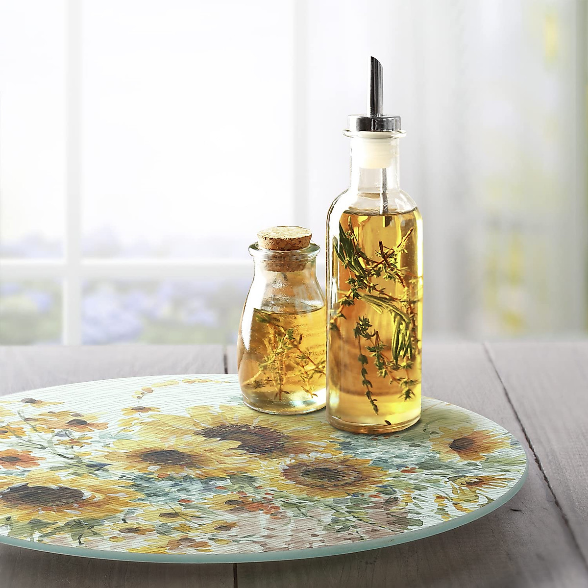 CounterArt Sunflowers Forever 4mm Heat Tolerant Tempered Glass Lazy Susan Turntable 13" Diameter Condiment Caddy Cake Plate Pizza Server