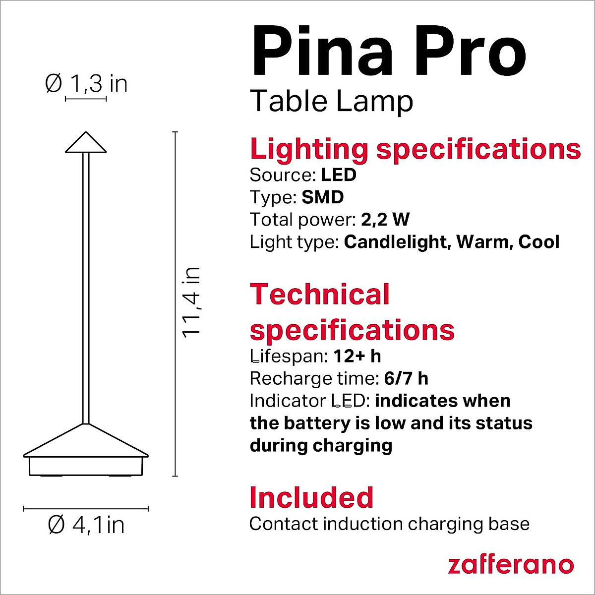 Zafferano, Pina Pro Lamp, Rechargeable Cordless Table Lamp with Touch Controls, Suitable for Indoor and Outdoor, Dimmer, 2200-3000 K, Height 11.4 Inches, Black Color