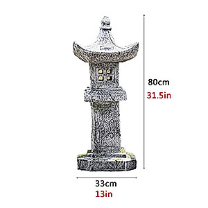 L-JTLYM Solar Lights Outdoor Garden Decor, LED Solar Powered Lighthouse, No Need to Connect, Pagoda Lantern Garden Statue, Hand-Carved, for Tabletop,Ground,Patio,Courtyard Decoration, Grey Finish