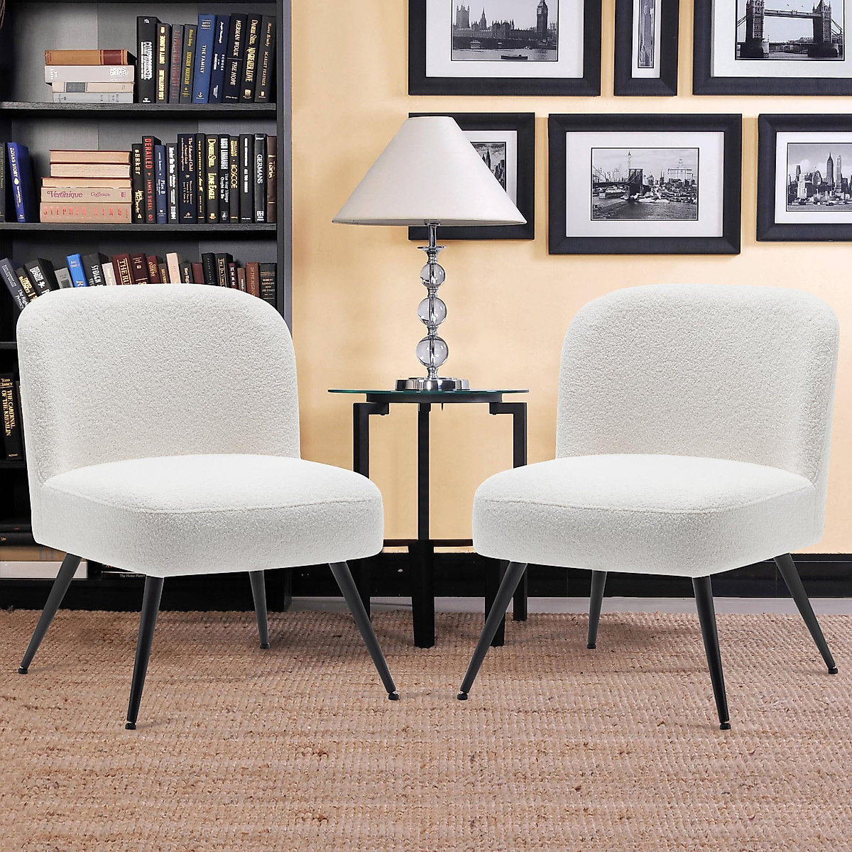 Aklaus Sherpa Boucle Accent Chairs Set of 2 for Living Room Bedroom.Upholstered Reading Chair Teddy White Modern Armless Chair with Larger Seat Comfy Side Chairs for Office Waiting Room