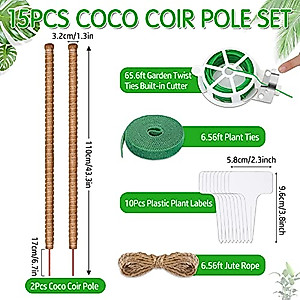 ROADPLUM 2 Pack 43.3" Moss Pole Coco Coir Poles, Bendable Plant Stakes Moss Pole for Plant Monstera with Twist Ties Plant Ties Labels Jute Rope, Plant Sticks Support for Climbing Plants Growth Indoor
