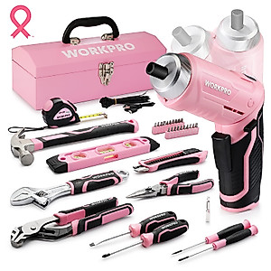 WORKPRO 75-Piece Pink Tools Set, 3.7V Rotatable Cordless Screwdriver and Household Tool Kit, Basic Tool Set with 13'' Portable Steel Tool Box for Home, Garage, Apartment, Dorm, New House - Pink Ribbon