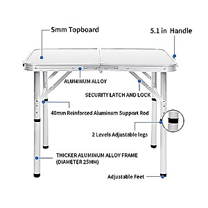 Moosinily 2 Feet Outdoor Folding Table Aluminum Lightweight Small Picnic Table Ajustable Height Portable Table with Carry Handle for Beach, Picnic, Indoor, White