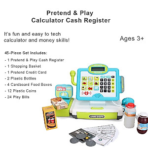 FS Pretend Play Calculator Cash Register Toy as Preschool Gift for Kids, Classic Count Toy with Sound, Microphone, Scanner, Pretend Credit Card, Play Food for Boys & Girls,45 Pieces, Ages 3 4 5 6 7
