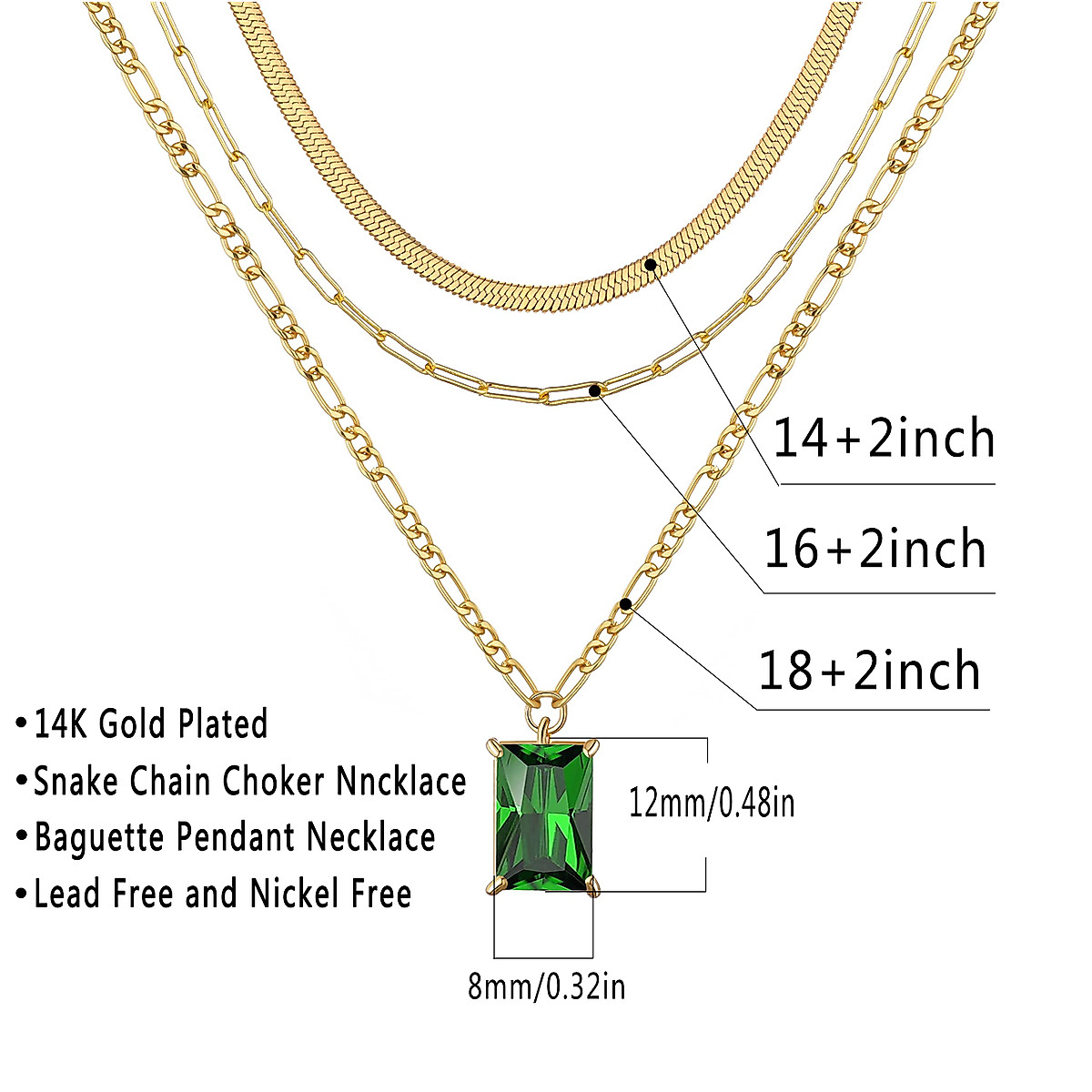 MOONLIT DEW 18K Gold Necklace for Women 3 Layered Necklaces for Women Choker CZ Emerald Birthstone Necklace for Women