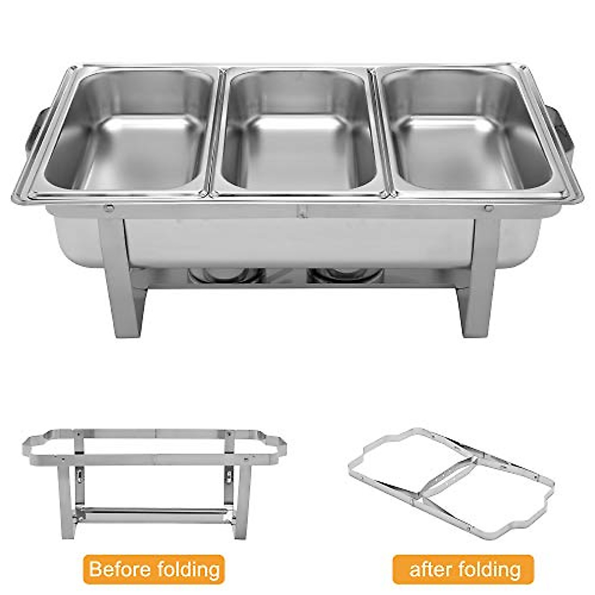 ROVSUN 8 Quart Chafing Dish Buffet Set, Stainless Steel Catering Serve Chafer, Restaurant Food Warmer, Rectangular Buffet Stove with 3 1/3 Size Food Pans and Foldable Frame for Party (1 Pack)