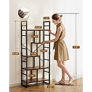 Pipishell 5-Tier Bookshelf, Tall Bookcase Storage Shelf Organizer with Steel Frame, Decorative Industrial Display Shelf, Multipurpose Storage Rack for Bedroom, Living Room, Office, Study, Hallway