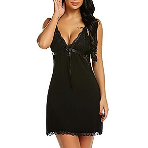 Aniywn Sexy Lingerie for Women, Lace Babydoll Lingerie Mesh Sheer Chemise Nightgown Spaghetti Straps Sleepwear Nightie Black