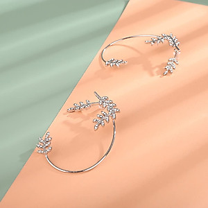 Jumwrit Rhinestone Ear Cuffs Leaf Ear Jacket Climber Crawler Earrings Ear Wrap Earrings Cute Hypoallergenic Stud Earrings for Women Girls（Silver）