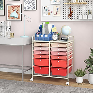SILKYDRY 12 Drawer Rolling Storage Cart, Art Cart Organizer on Wheels, Mobile Utility Cart with Drawers, Multipurpose Craft Drawers for Home Office School Classroom (Mixed Pink)