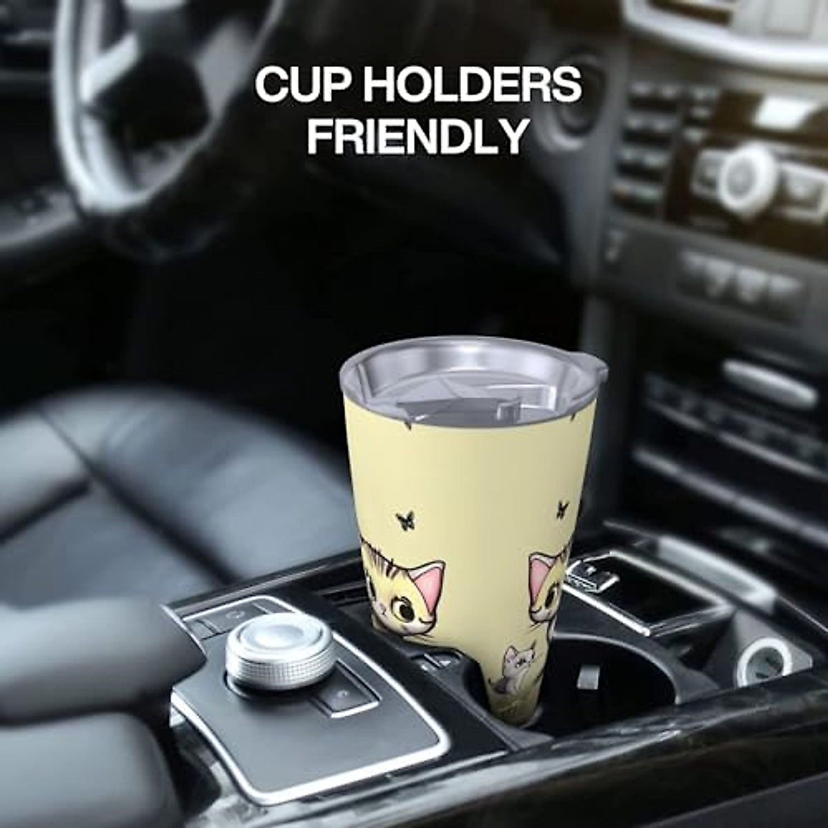 WXZYFP Car cup (single silver rim), can use a straw or drink directly, easy to use.Cat and Butterfly