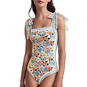 SKAYS Reversible Floral One Piece Swimsuit Women Bathing Suit Vintage Cute with Adjustable Straps Swimwear Blue L