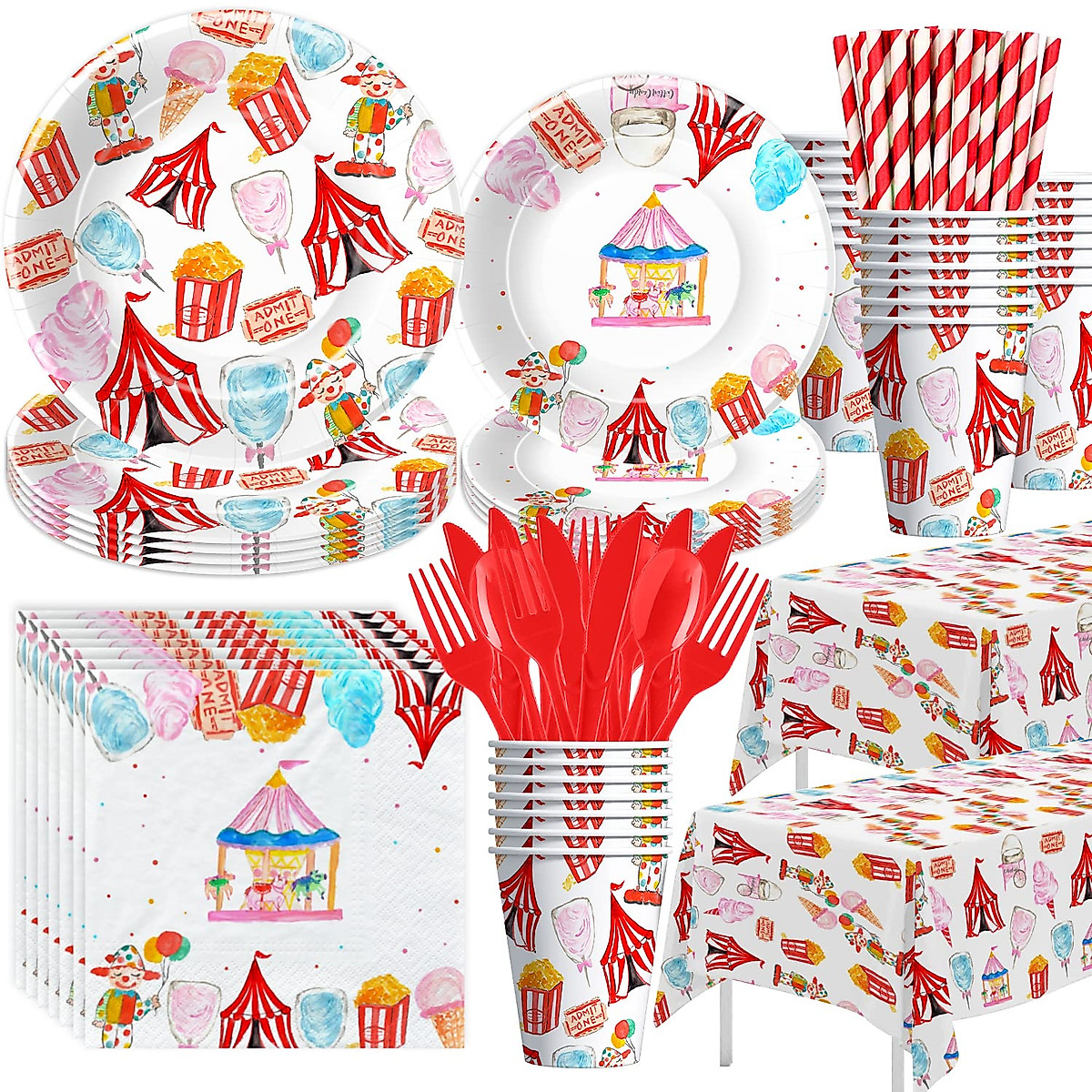 HIPVVILD Circus Theme Party Decorations Tableware, Carnival Party Supplies, Plate, Cup, Napkin, Tablecloth, Cutlery, Straw, Circus Carnival Theme Party Decorations For Birthday Baby Shower | Serve 24