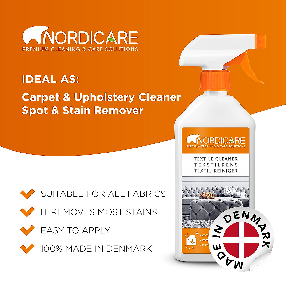 Nordicare Fabric & Carpet Stain Remover Spray 16.9 oz - Spot & Stain Remover, Upholstery Cleaner, Fabric Cleaner for all Type of Fabrics, Textiles, Carpet, Cloth, Rugs, Chairs, Sofas-Made in Denmark