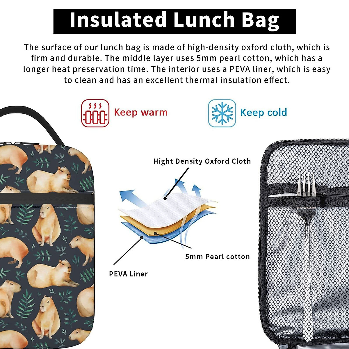 Yilad Capybaras Leaf Lunch Box Insulated Thermal Reusable Lunch Bag Cooler Totes For Men Work Office Picnic Hiking