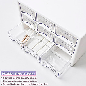 FODIENS Desk Storage Organizer with 9 Drawers, Stackable Desktop Craft Drawer Cabinet, Clear Storage Box Caddy for Makeup Jewelry Office Craft Supplies (9.84×6.3×5.9in)