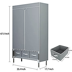 ASSICA Portable Clothes Closet Rolling Door Wardrobe with Hanging Rack Non-Woven Fabric Storage Organizer with Three Drawer Boxes No-Tool Assembly - 35.4 x 17.7 x 67.0 ‘’ (Gray)