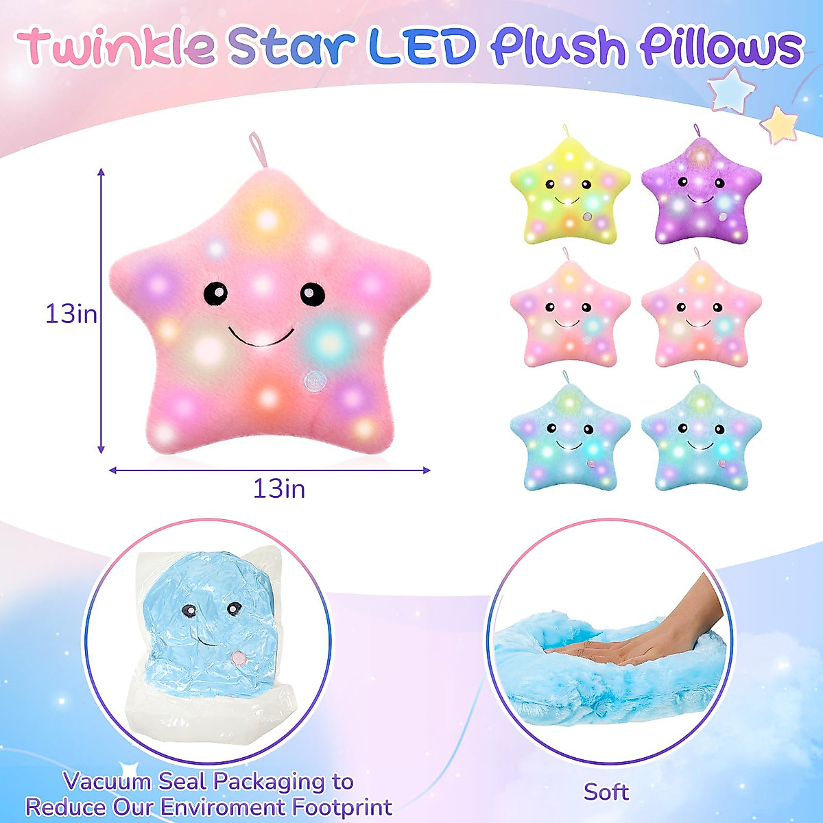Pinkunn 6 Pcs Light up Star Pillow Star Shaped Soft Plush Pillow for Kids 13 Inch Twinkle LED Night Colorful Glowing Plush Throw Stuffed Pillow for Birthday Gifts Room Home Office