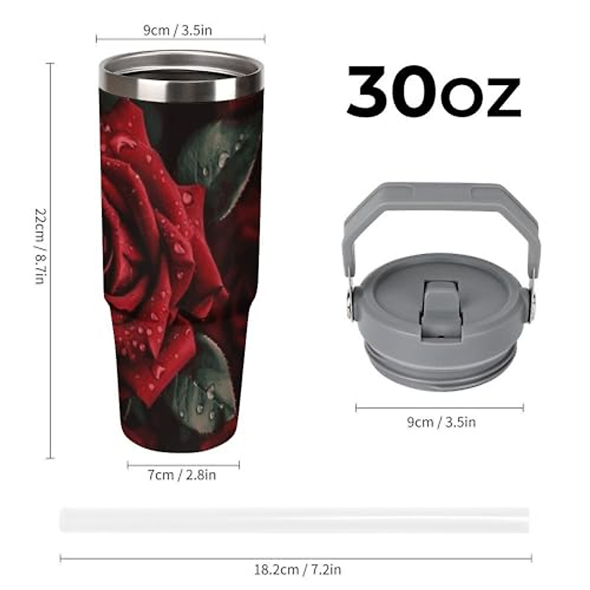 RTFGHJS Red Rose 30 Oz Tumbler with Handle And Flip Straw, Stainless Steel Vacuum Insulated Travel Mug, Thermal Cup for Coffee, Water, Iced Drinks, Fits Car Cup Holders (Home, Sports)