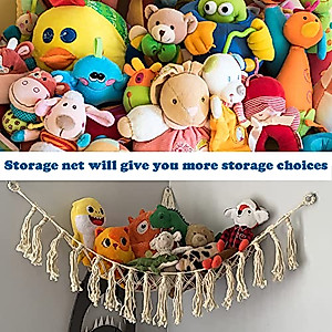 2 Pack Stuffed Animal Net or Hammock with Led Light stuffed animal hammock Boho Plush Stuffed Animal Holder Hanging Storage Nets Kids Bedroom, 45" x 45" x 60", White