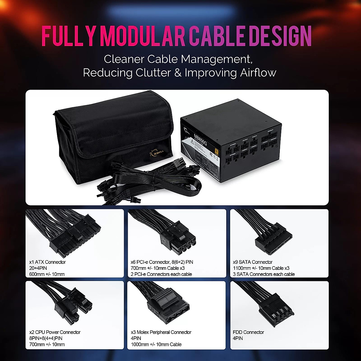 G.Skill MB850G PSU, 80 Plus Gold, Fully Modular ATX Power Supply 850 Watt, Compact 140mm Size, 120mm Cooling Fan, Gaming Computer Power Supply