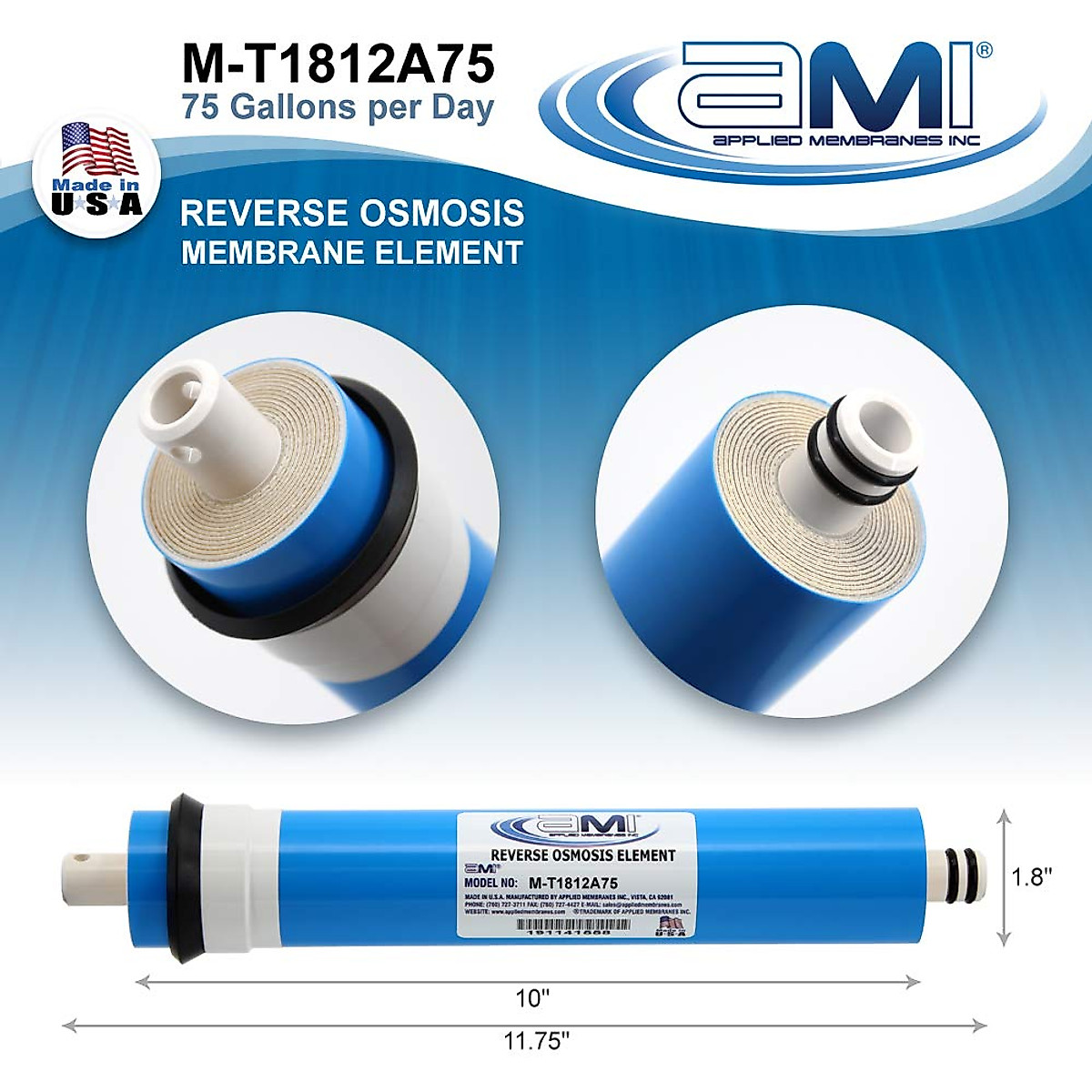 APPLIED MEMBRANES INC. 75 GPD Reverse Osmosis Membrane | RO Membrane Water Filter Replacement for Reverse Osmosis Water Filtration System | 1.8” x 12” Universal Compatibility | Made in USA