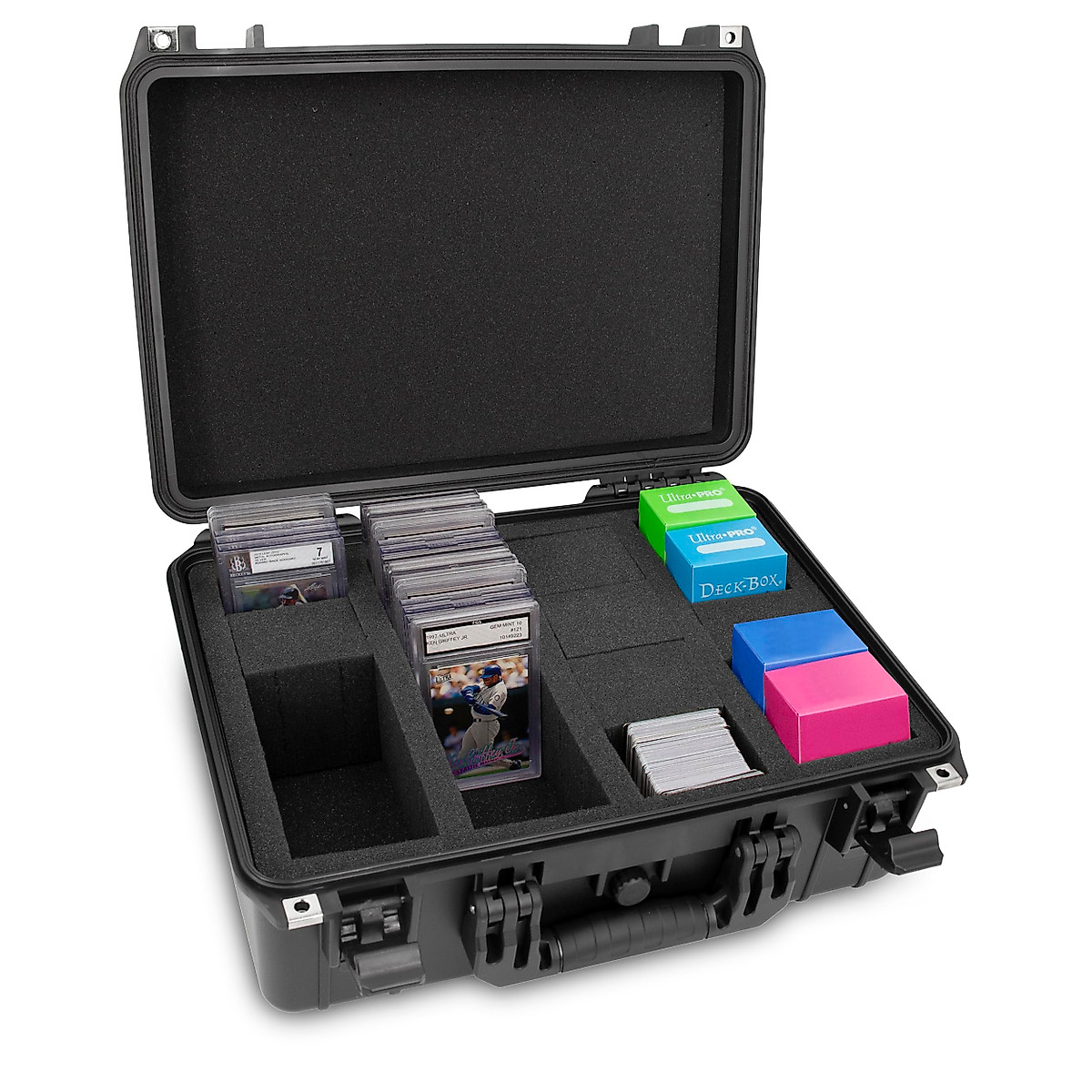 CASEMATIX Graded Card Case Compatible with 120+ BGS PSA FGS Graded Sports Trading Cards, Waterproof Graded Slab Trading Card Box with Precut Card Carrying Case Impact Absorbing Foam Slots