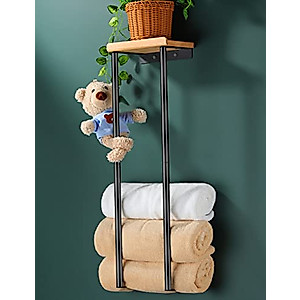 Towel Racks for Bathroom Wall Mounted - KEGII Towel Rack with Wooden Shelf 28'' Bathroom Storage for Folding Large Towels, Bath Rolled Towels, Matte Black