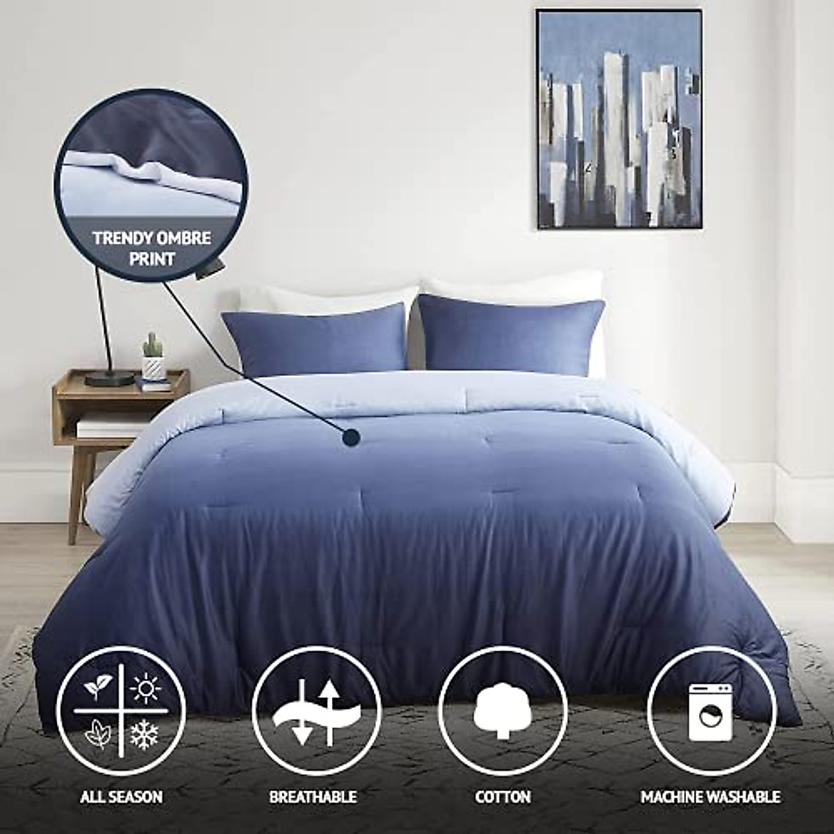 Madison Park 100% Sateen Cotton Comforter Set, Breathable, Soft Cover, Trendy, All Season Down Alternative Cozy Bedding with Matching Shams, Full/Queen (90 in x 90 in), Indigo Blue 3 Piece