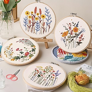 CYANFOUR 5 Pack Beginner Embroidery Kit for Adults, Easy to Learn Floral Embroidery Patterns from Video & Instruction, Needlepoint Kits for Adults Include Embroidery Hoop, Colorful Threads, Tools