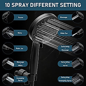 ZYlifemagic High Pressure 10-mode Shower Head With Handheld - Anti-clog Nozzles, Stainless Steel Hose, Cleaning Fuctions For Tubstiles Pets Wall And Overhead Brackets Cleaning -MatteBlack