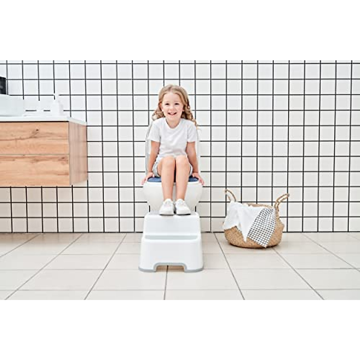 UNCLE WU Kid-Friendly Step Stool - Lightweight and Easy to Clean - Bathroom Safety Sturdy Bottom as Toilet Stool/Dual Height & Wide Two Step Stool for Toddler/Adult (Gray White) 2 Pack