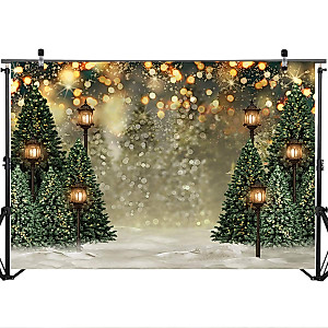 Mocsicka 10x8ft Winter Christmas Backdrop for Photography Christmas Glitter Bokeh Green Pine Tree Lamps Photo Backdrop Xmas Family Pictures for Kids Newborn Photography Background