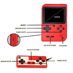 Nikodocr Portable Handheld Game Console, 3 Inch LCD Screen Portable Video Game Console with 500 Classic Games, 1020mAh Rechargeable Battery Support for Connecting TV and Two Players (Red)