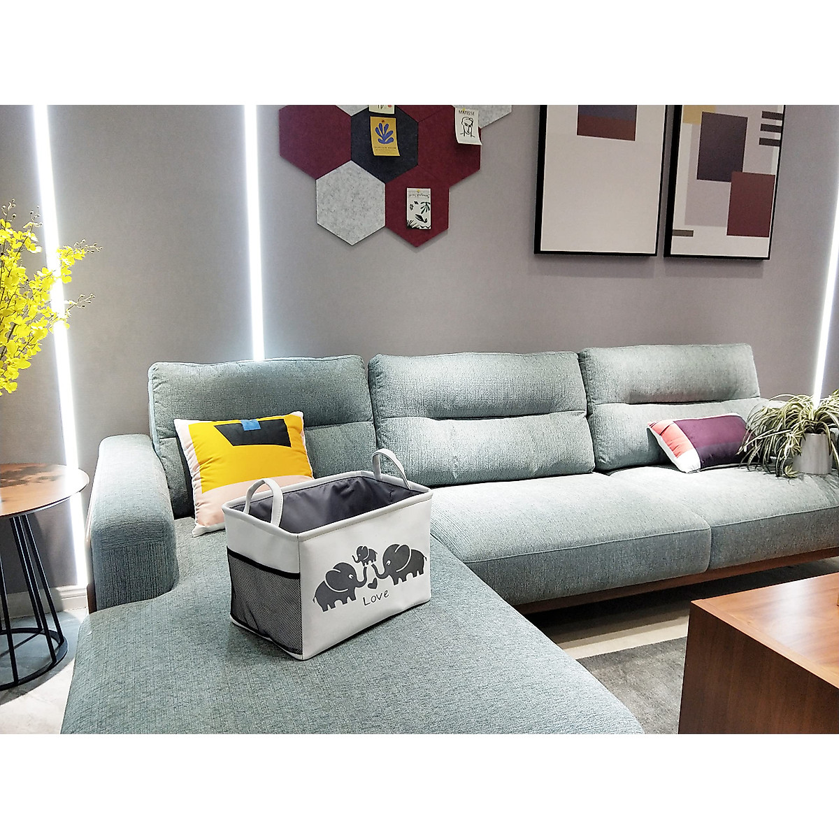 HIYAGON 2 Pack Rectangular Storage Basket,Canvas Toys Storage Bin Organizer,Large Storage Box with Sides Mesh pockets for Home,Shelves,Closet,Bedroom(2 Love Elephants)