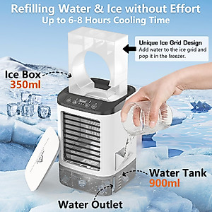 Mini Air Cooler Fan, Personal Evaporative Air Cooler with 900ml Water Tank with Ice Box, 4 in 1 Humidifier Fan, 2 Cool Mist, 7 Colors LED lights, 3 Wind Speed,10W for Home Work Camping