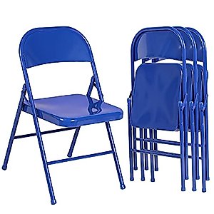 VECELO Metal Frame Folding Hold Up to 350 Pounds, Mounted Steel Chairs with Triple Braced & Double Hinged Back for Home Office, Set of 4, Blue