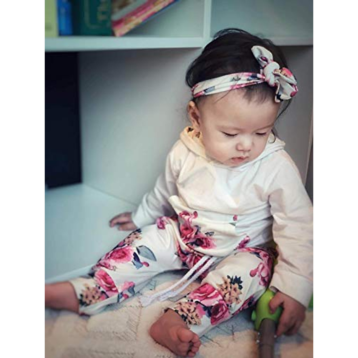 3Pcs Infant Toddler Baby Girl Clothes Long Sleeve Hoodie with Pocket Tops Floral Pants Outfits Set with Headband White