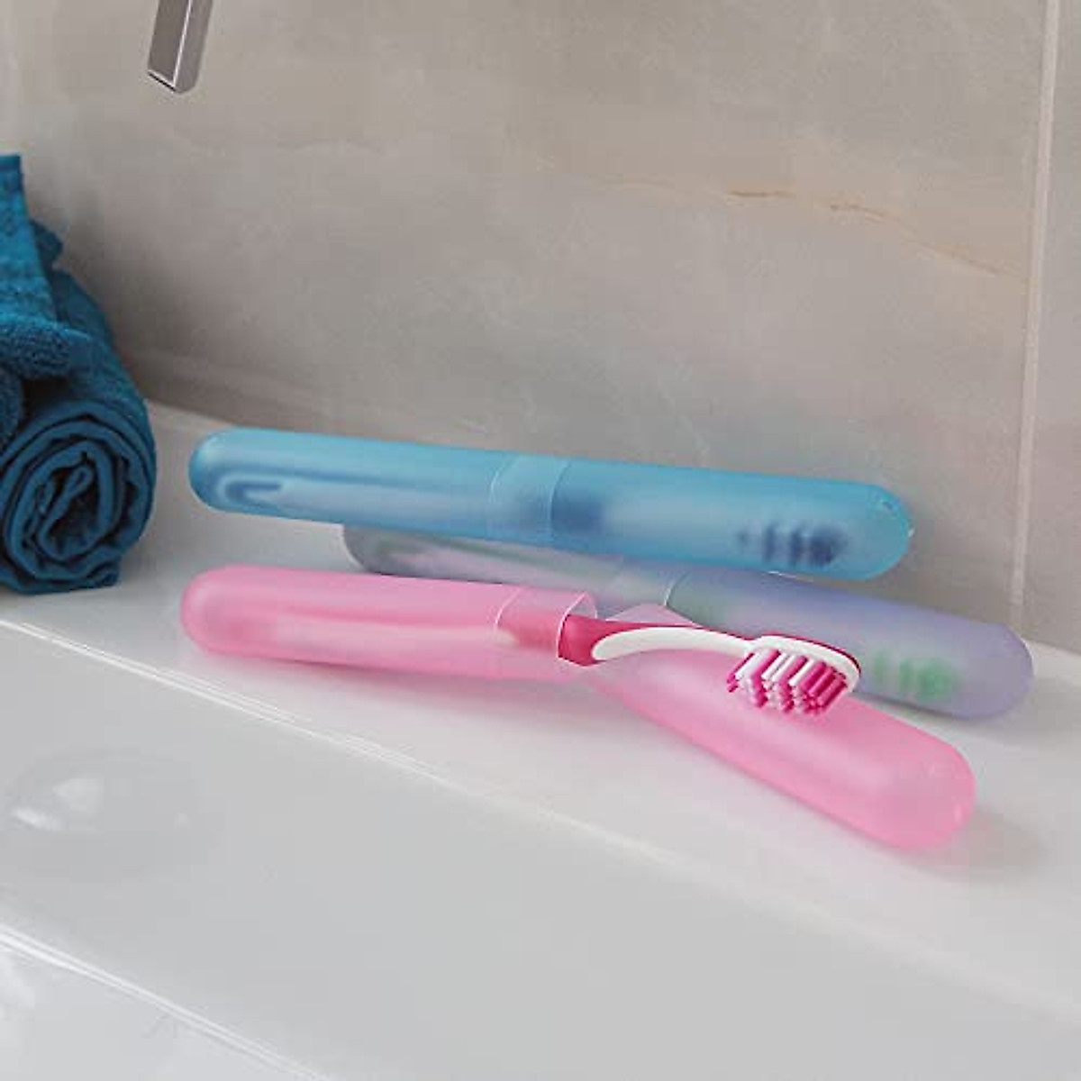 kwmobile Toothbrush Holder Travel Cases - Set of 3 Portable Plastic Tooth Brush Case Containers for Storage and Traveling - Yellow/Orange/Green