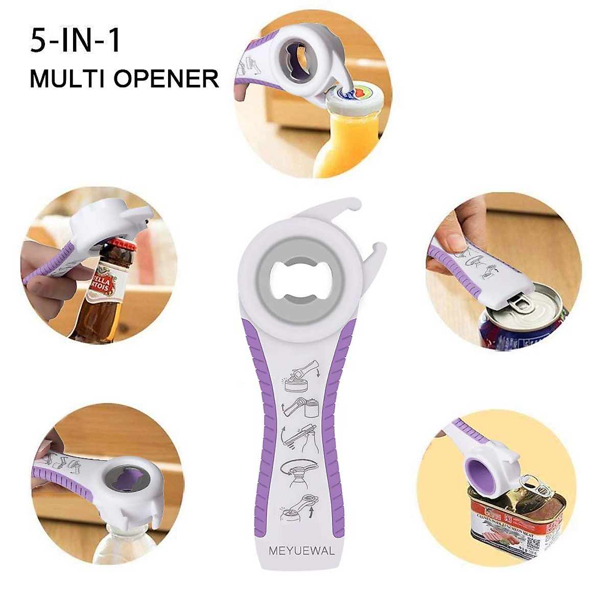 MEYUEWAL 5-in-1 Multi-Functional Bottle, Jar, and Can Opener with Silicone Handle for Children, Elderly, and Arthritis Sufferers (Blue)