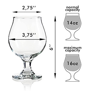 ECODESIGN-US Beer Glass Belgian Style Stemmed Tulip - 16 oz Lambic Beer Glasses - set of 4 w/coasters