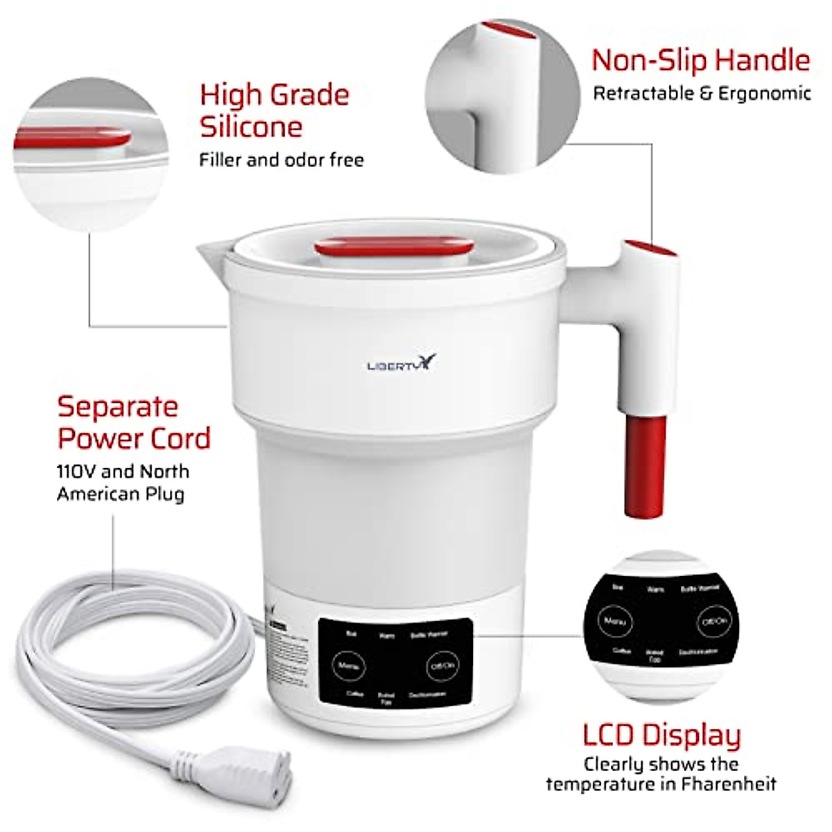 Liberty Premium Foldable Portable Travel Electric Kettle Premium BPA-Free Silicone Collapsible , Temperature Display 6 Preset Functions, Auto Shut-Off, Bottle Warmer, Hot Water Boiler