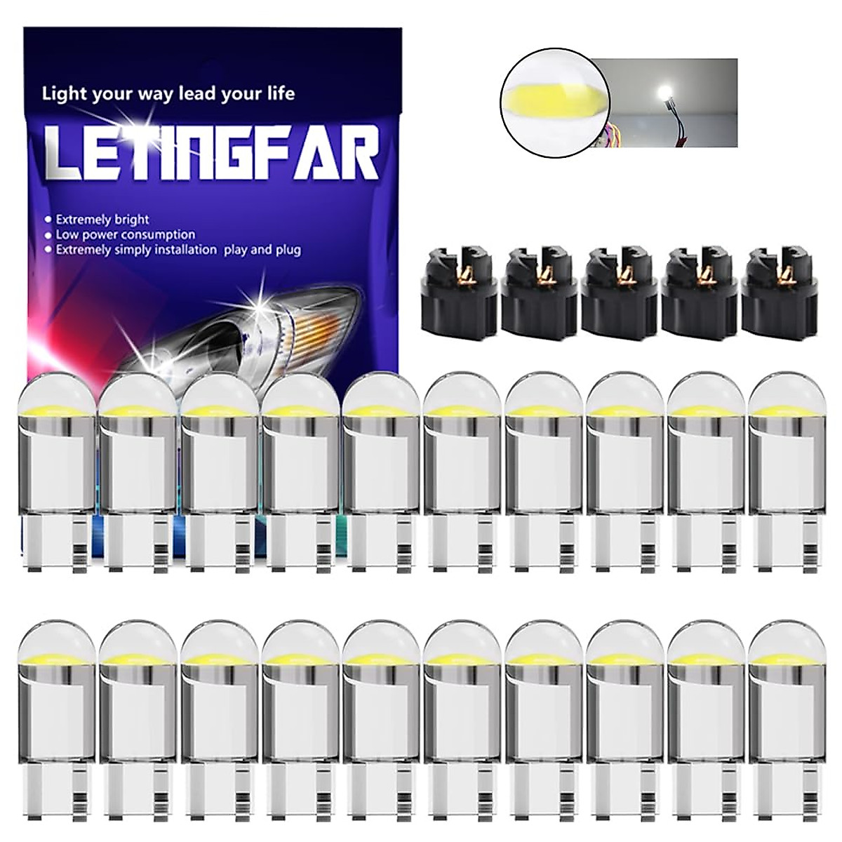 LETINGFAR 194 LED Bulb Dash Instrument Lights Bulbs with T10 194 168 Twist Lock Socket, Super Bright T10 194 Instrument Panel Gauge Cluster Dashboard LED Light Bulbs 12V (White（20+5）)