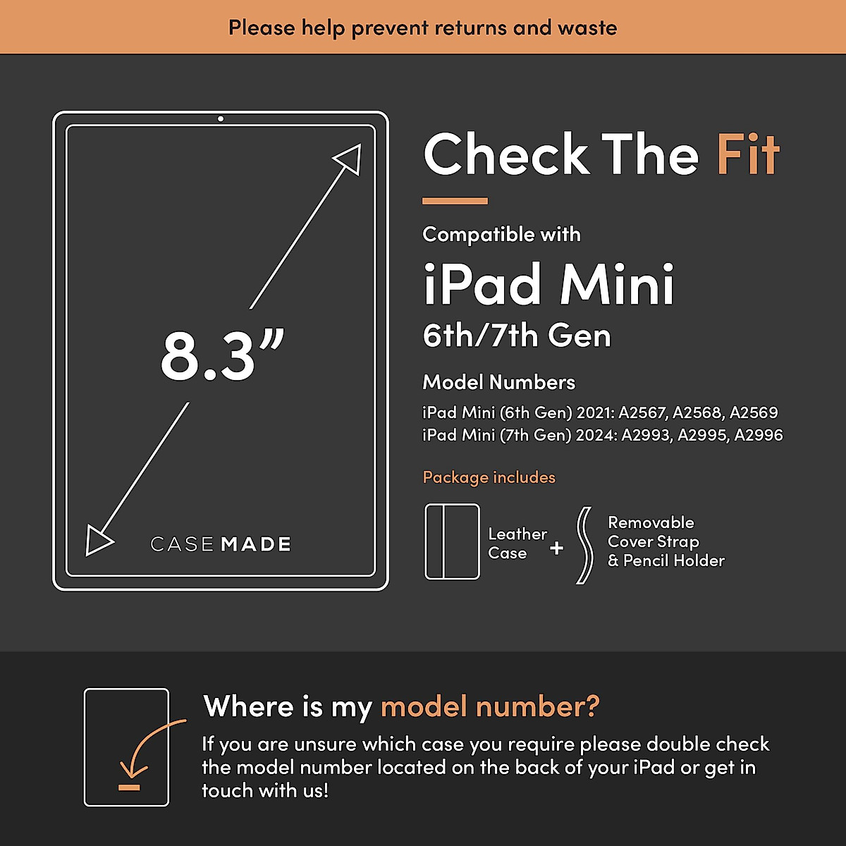 Casemade Real Leather Case Compatible with iPad Mini 7 (A17 Pro) / 6th Gen (2021) - Full-Grain Leather Cover, Auto Sleep/Wake, Dual Stand Position (Tan)