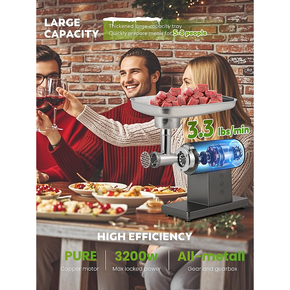 Flyseago Meat Grinder Electric 3200W Heavy Duty Meat Mincer Chopper Machine Touch Control Multifunctional with Cutting Blade 3 Grinding Plates 3 Sausage Stuffers Kubbe Kit for Household&Commercial