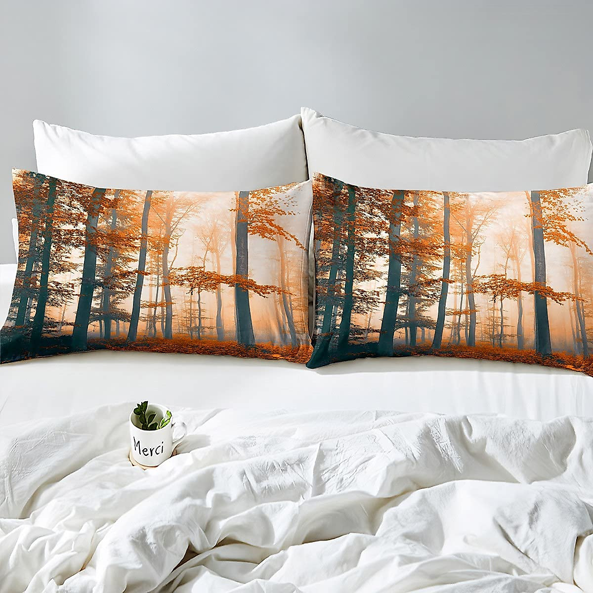 Erosebridal Tree Lush Bedding Set Dense Birch Trees with Red Leaves Duvet Cover Jungle Nature Botanical Print Comforter Cover, Mystical Under Heavy Fog Tall Trees Bed Set, Orange Brown Queen Size