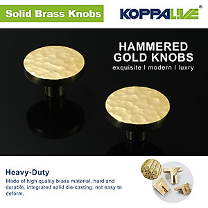 KOPPALIVE 10-Pack Modern Gold Cabinet Knobs, Hammered Solid Brass Drawer Knobs, Round Dresser Drawer Pulls and Handles, Kitchen Cabinet Hardware, Diameter 1-3/16 Inch