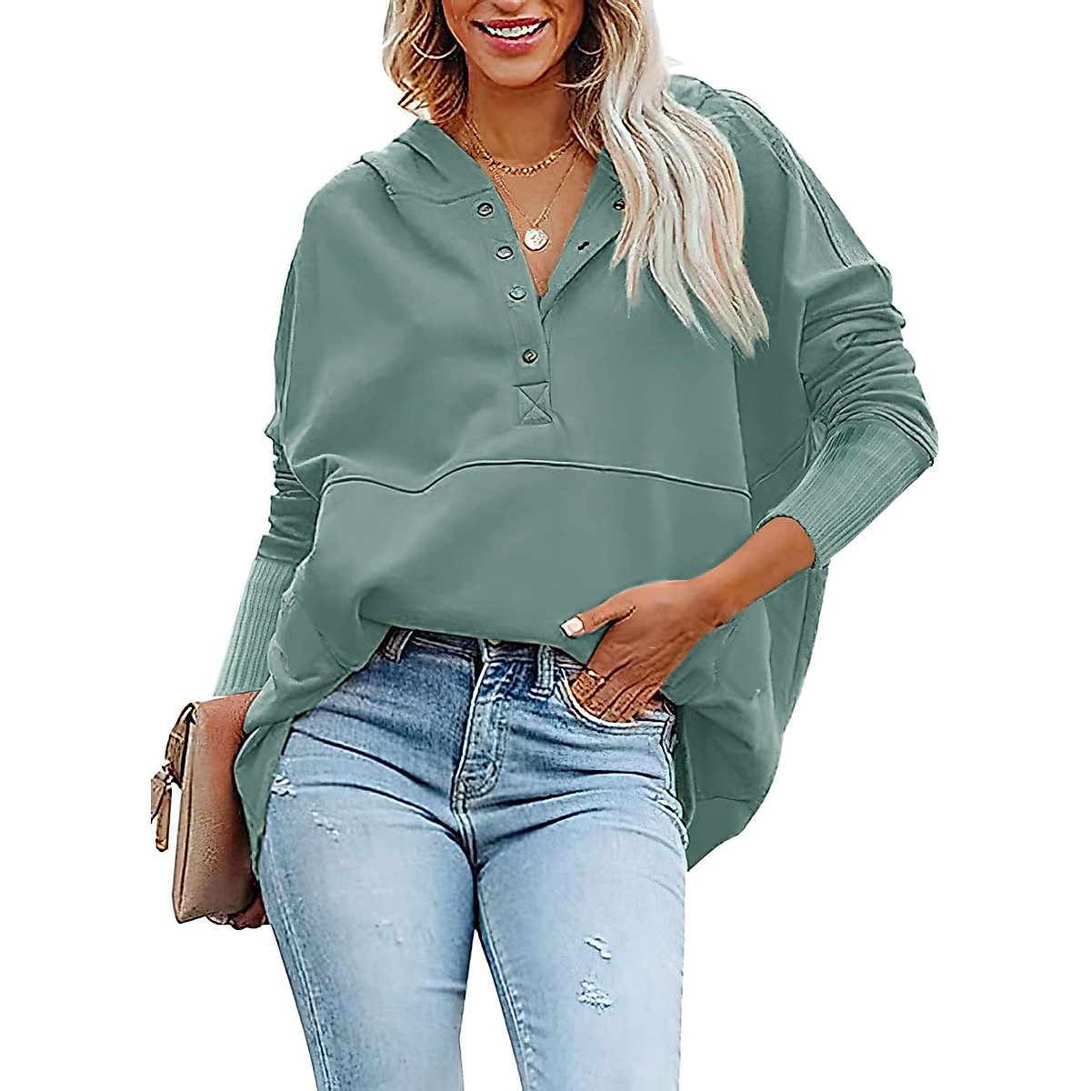 PRETTYGARDEN Loose Casual Button V Neck Hoodies for Women Long Sleeve Oversized Pullover Sweatshirt Hooded Tops Fall with Pockets (Bean Green,Large)